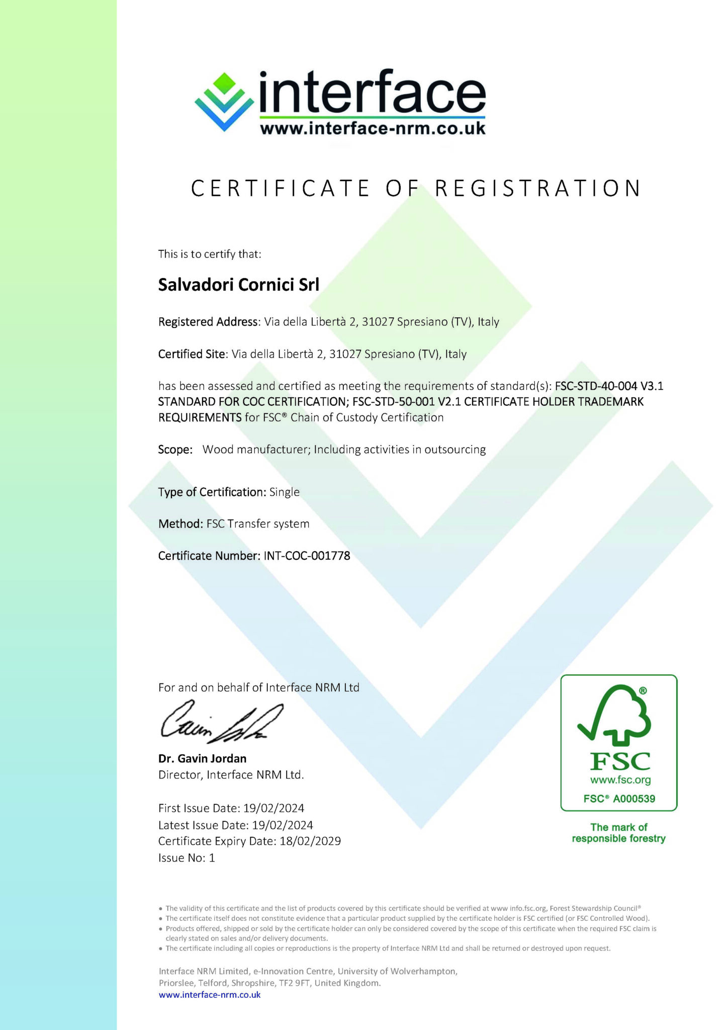 Certificate FSC - Salvadori Cornici